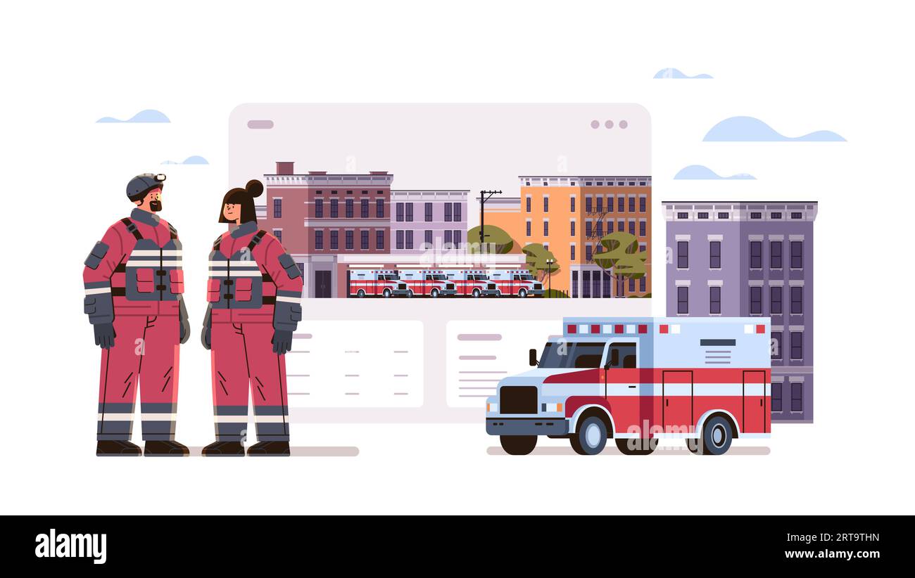 firefighters in uniform standing near fire station building department ...