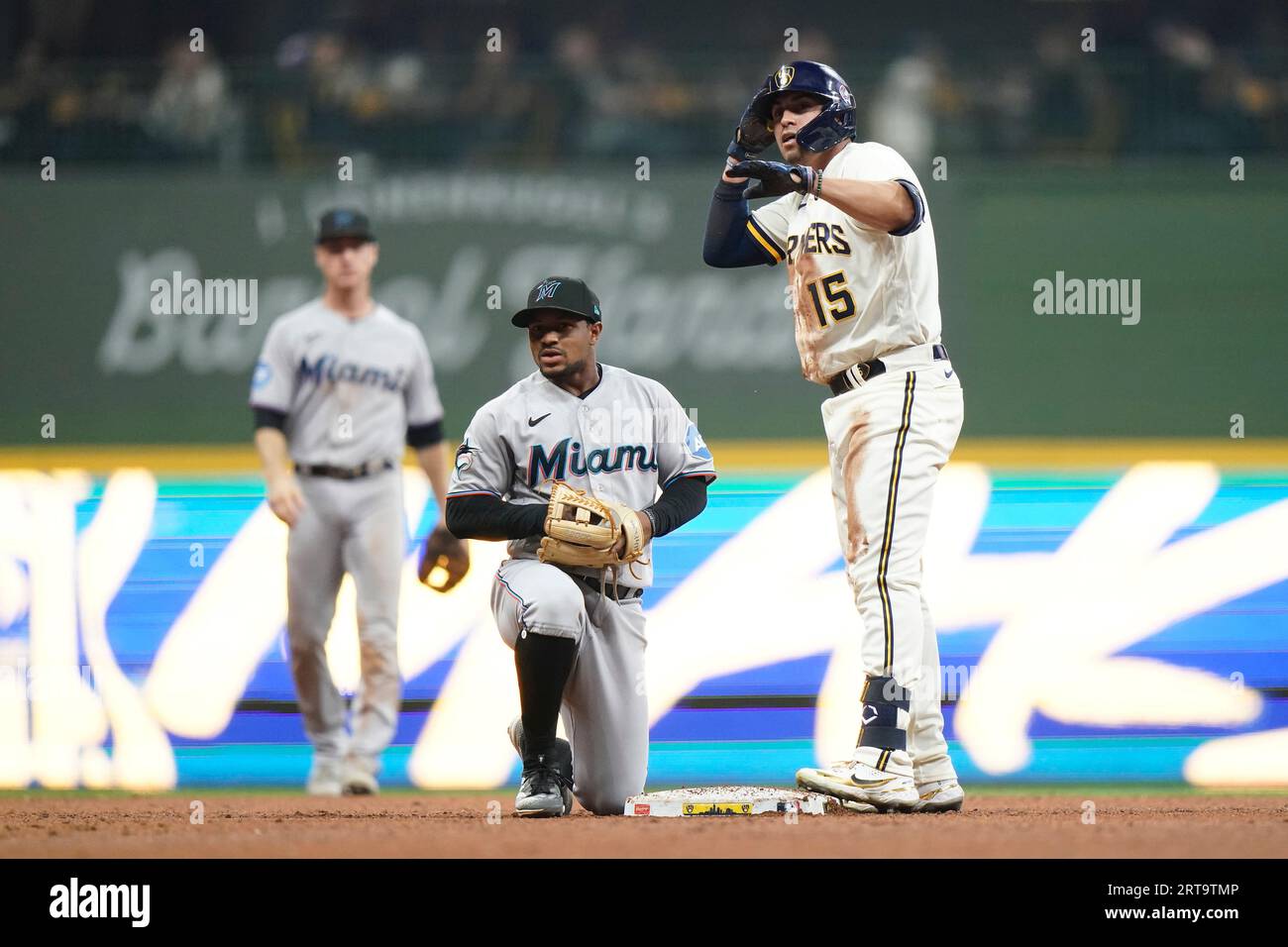 Milwaukee Brewers' Tyrone Taylor (15) gestures to the dugout after ...