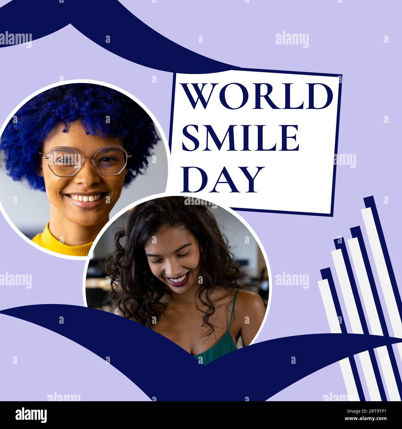 Composite of world smile day text and diverse women smiling over purple ...