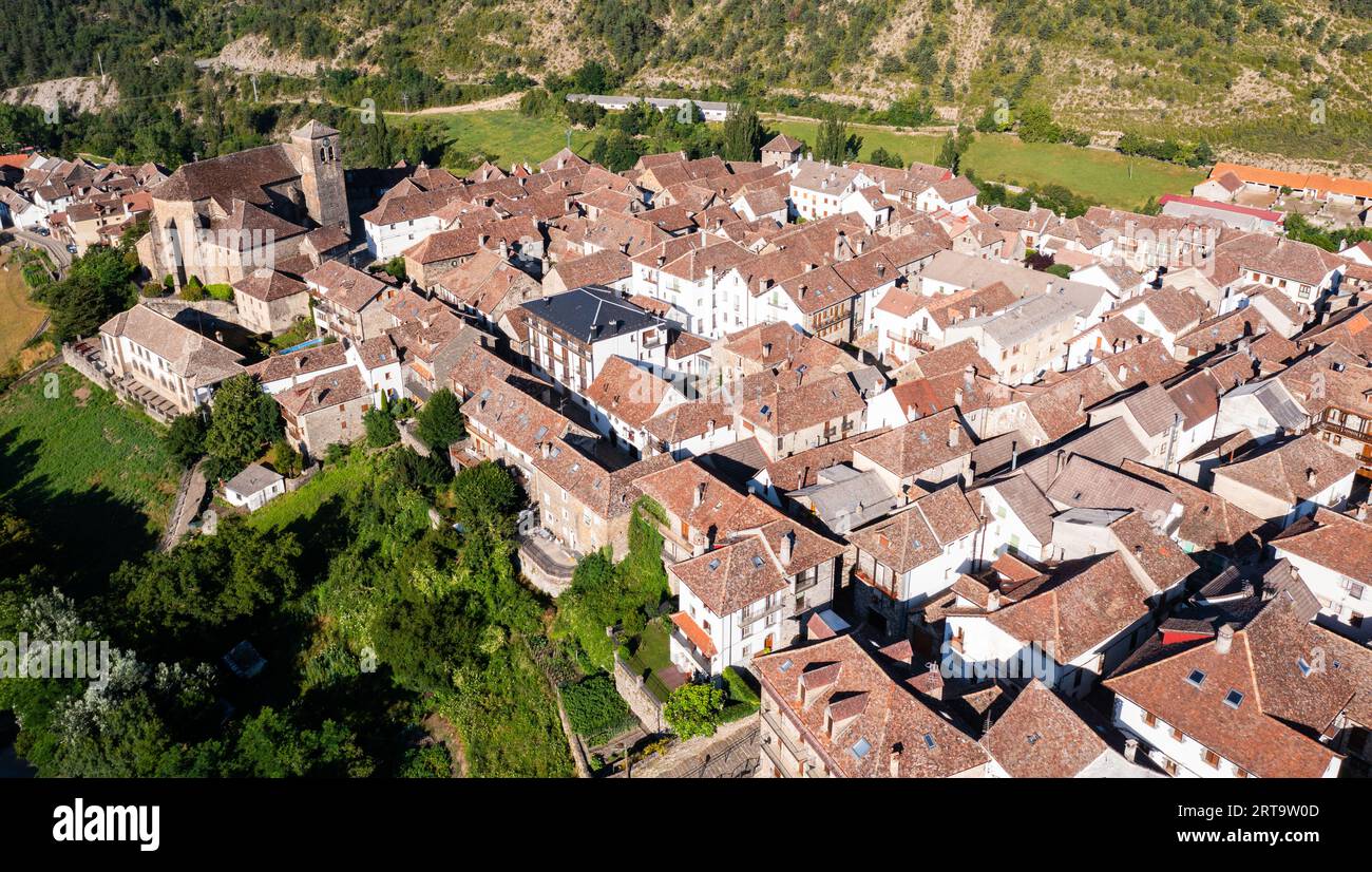 Birds eye view of the ancient Spanish city of Anso. Huesca, Spain Stock ...