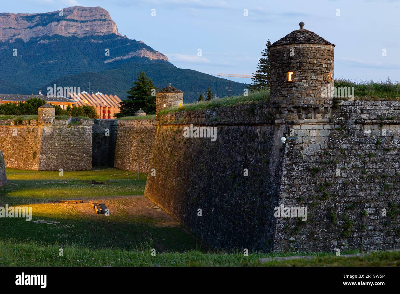 Stone walls and towers of historical Jaca Citadel monument in Aragon ...