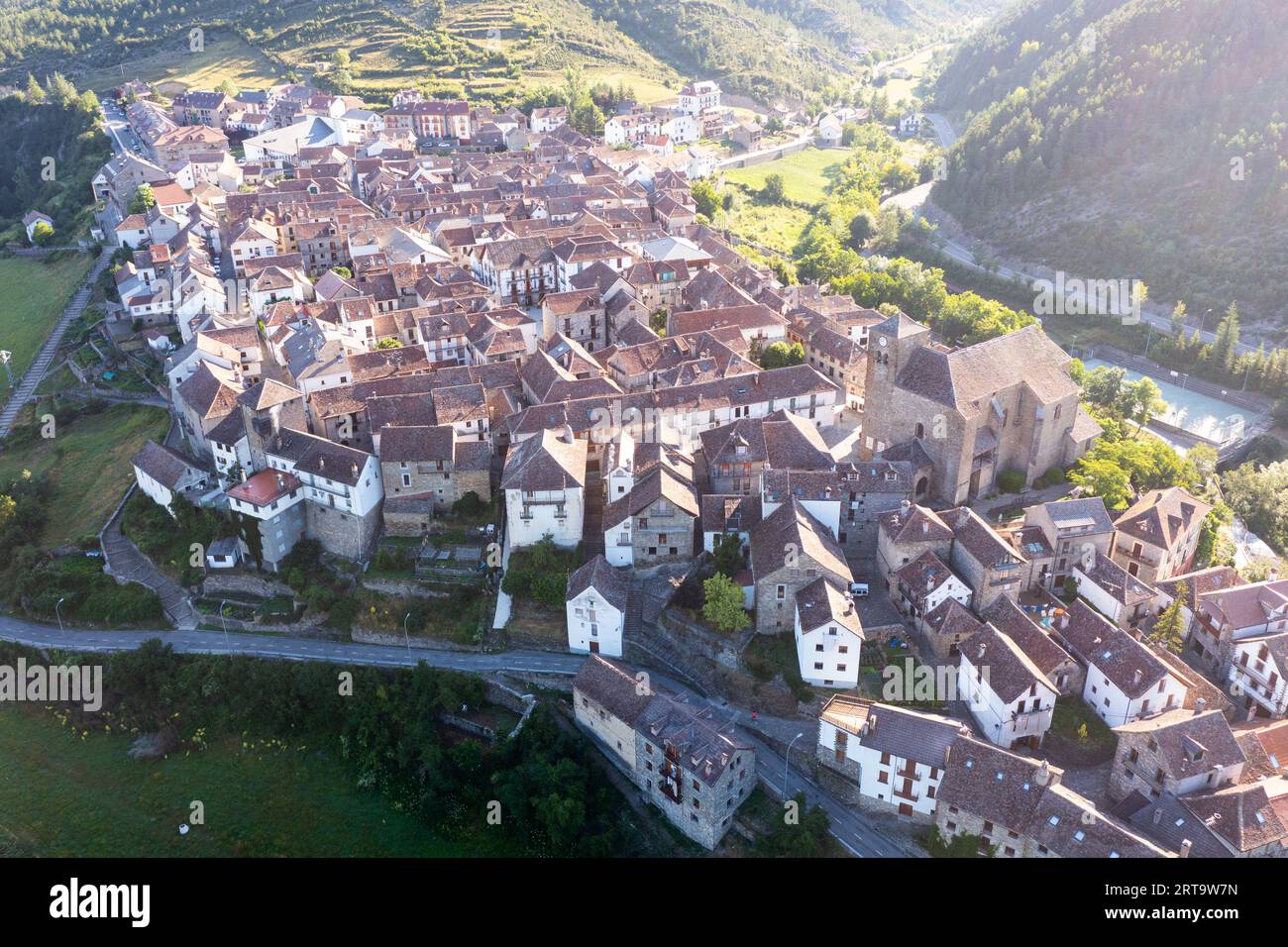 Birds eye view of the ancient Spanish city of Anso. Huesca, Spain Stock ...