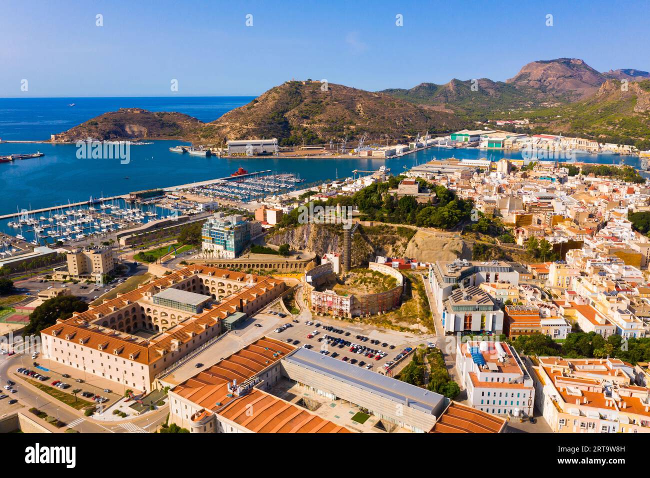 Aerial view of Cartagena port city with buildings and coast line ...