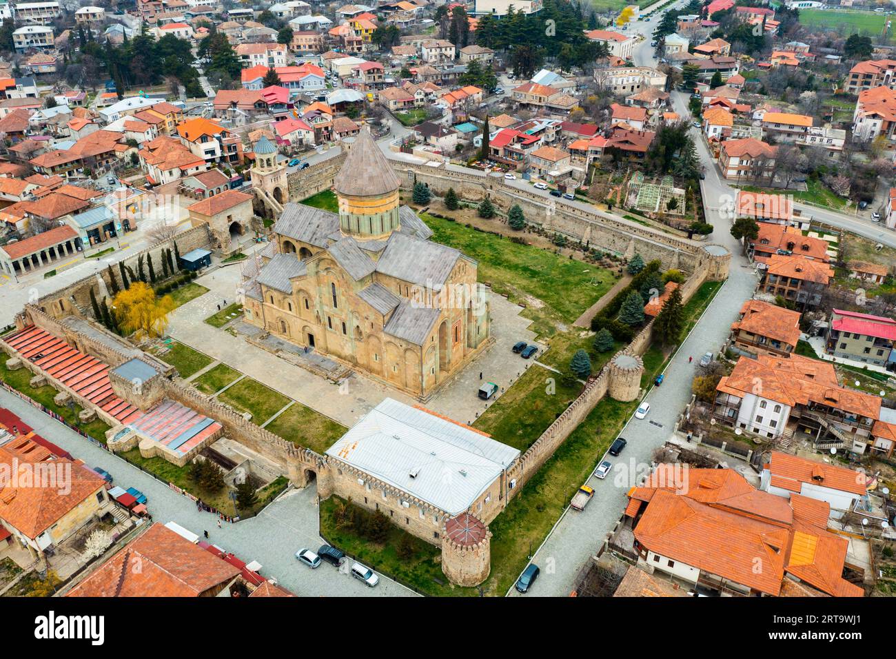 Aerial view of ancient Svetitskhoveli Cathedral in Georgian town of ...