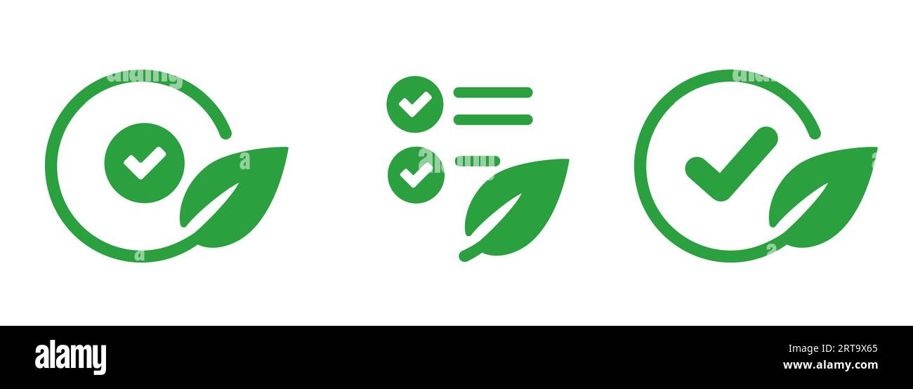 Check mark and green leaf leaves set icon symbol of eco friendly ...