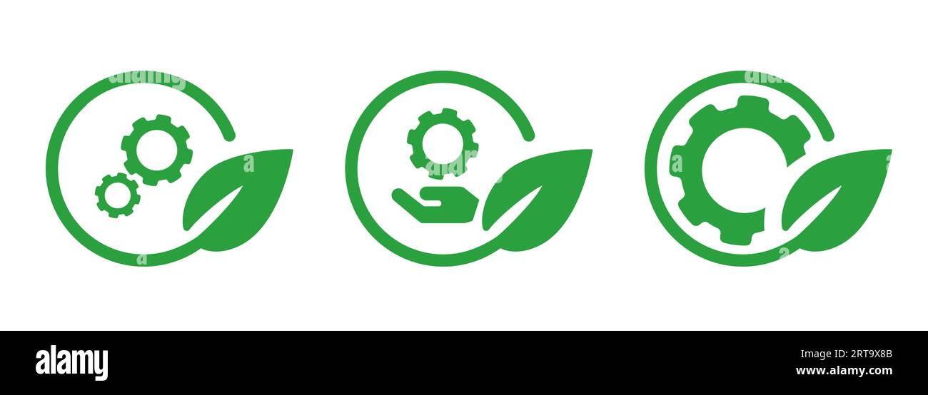 Gear green leaf leaves set icon symbol of mechanical engineering engine ...