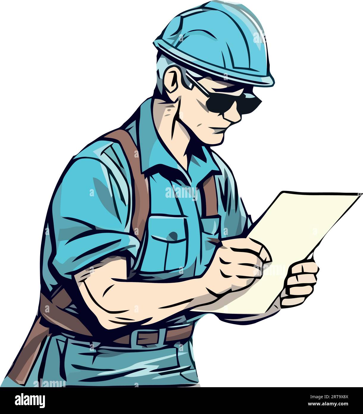 Hardhat Wearing Construction Worker Inspects Blueprint For Safety Stock Vector Image And Art Alamy