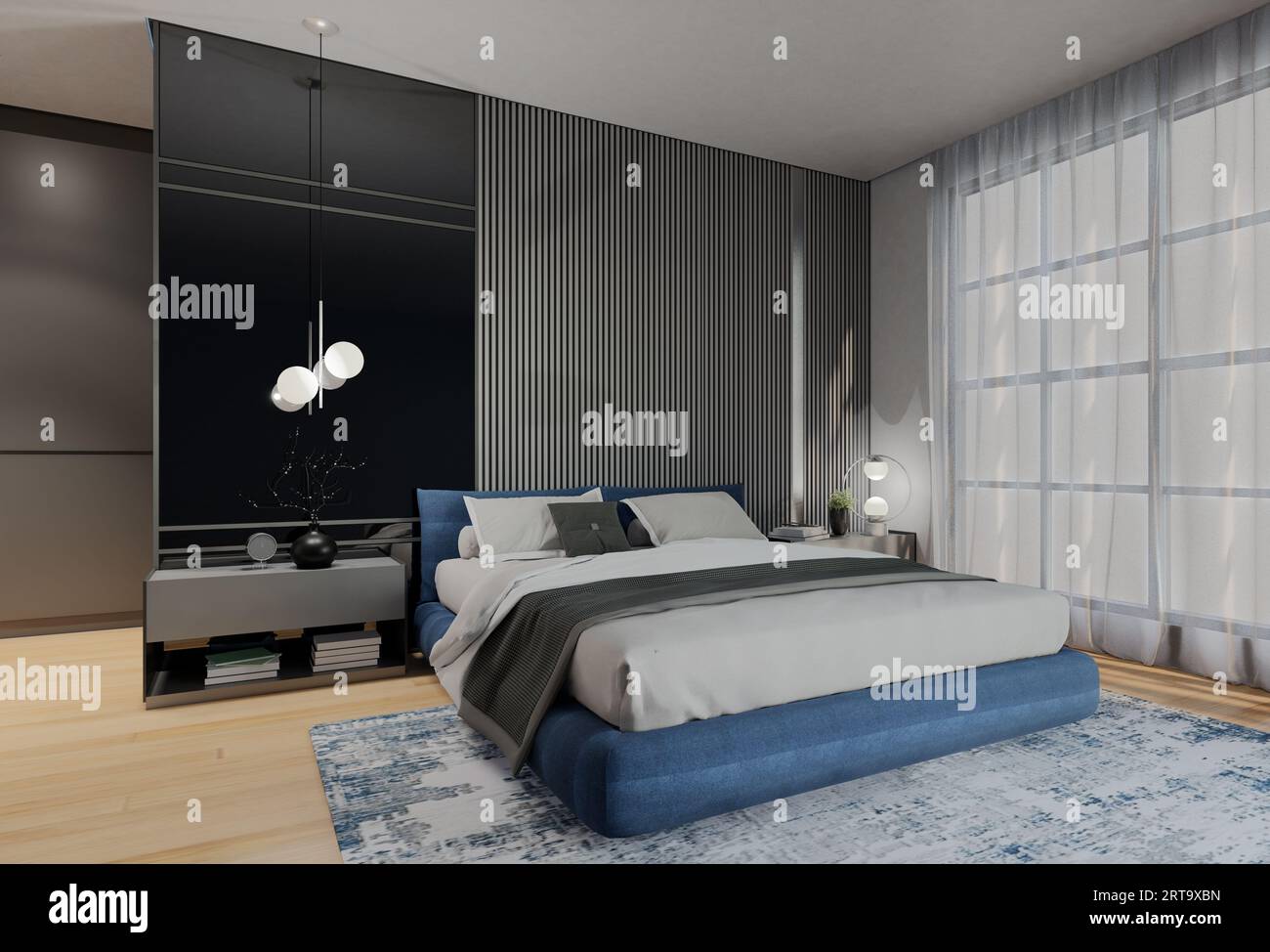 Modern Luxury Bedroom Animation with Ocean Blue Color. 3D Illustration ...