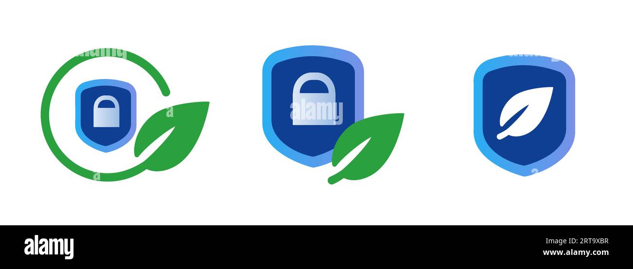 Shield lock key and green leaf symbol of bio protection security icon ...