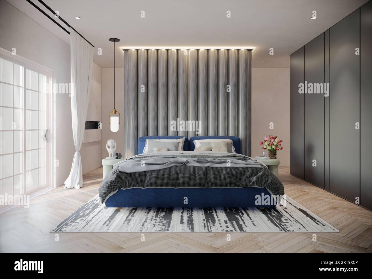 Modern Luxury Bedroom Animation with Ocean Blue Color. 3D Illustration ...