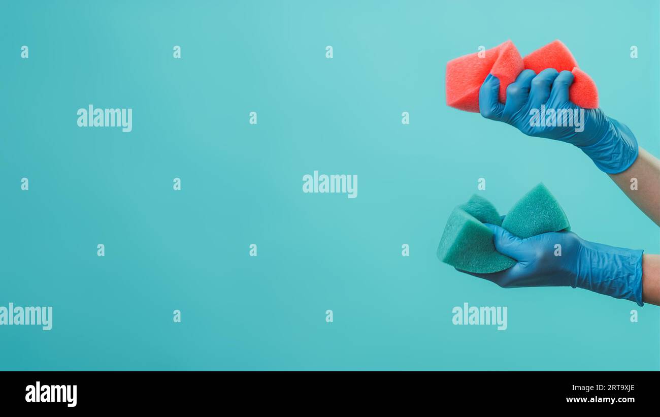 Cleaning tools chores janitor hands gloves sponges Stock Photo - Alamy
