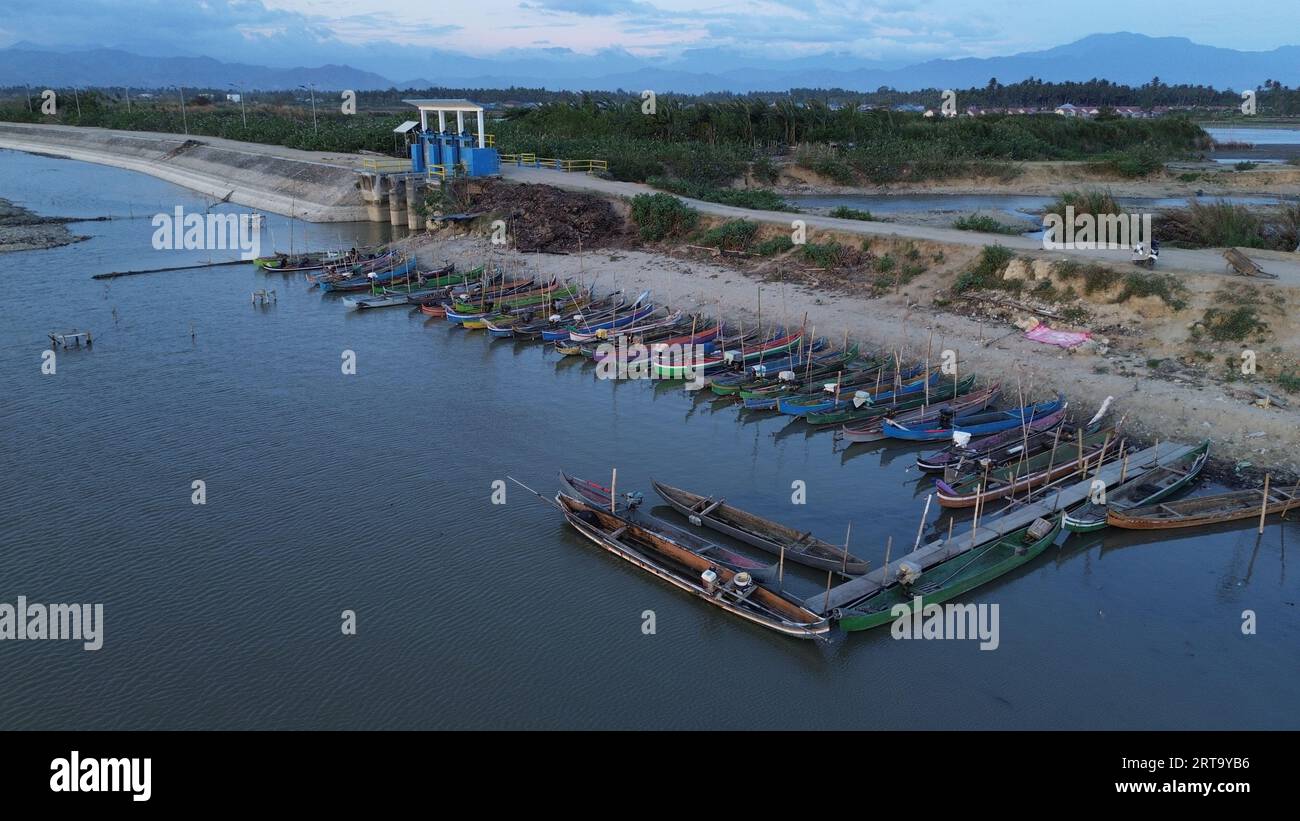Aerial view of boat docks along Limboto lake, Gorontalo province ...