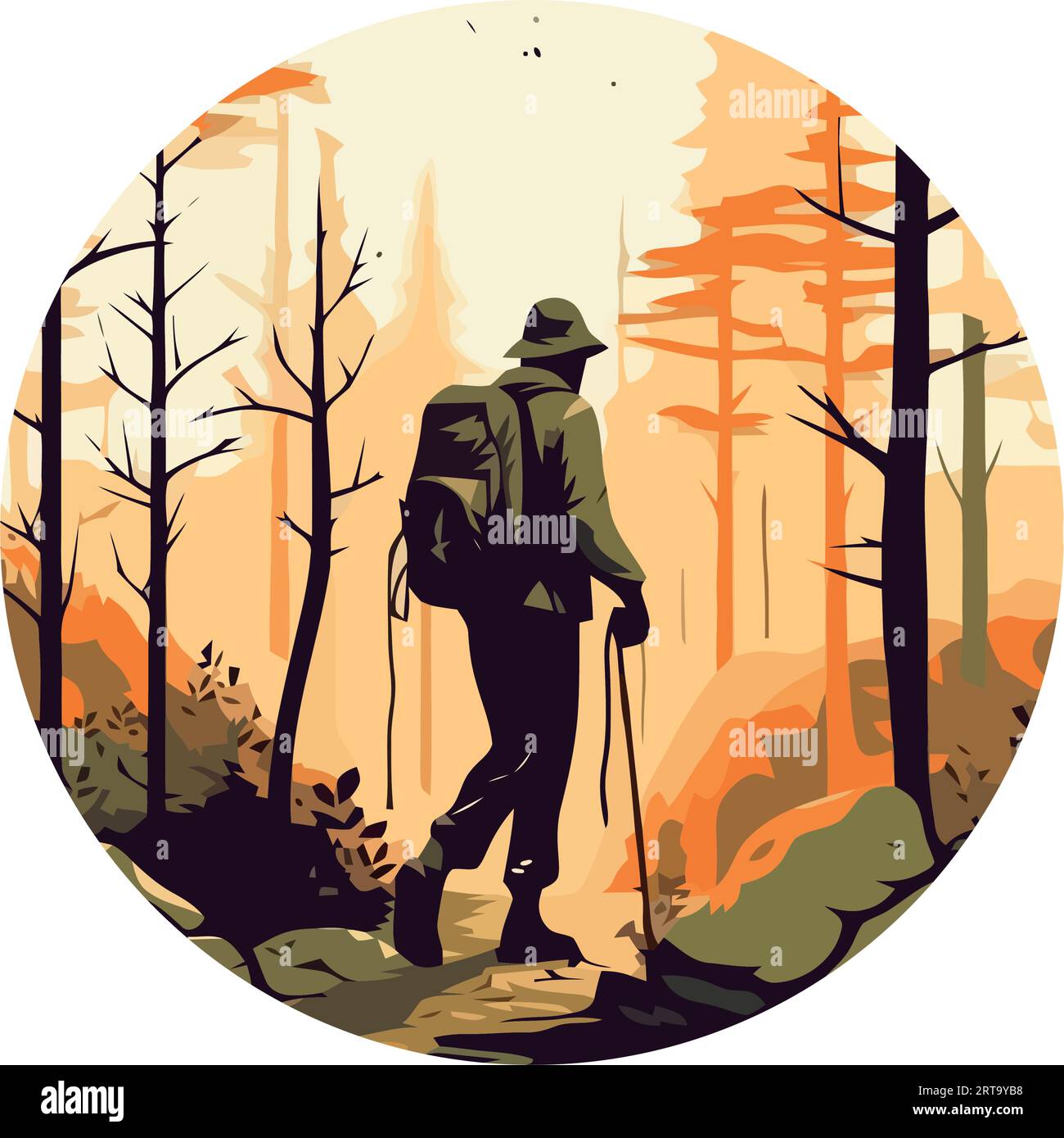 Silhouette hiking through autumn forest with backpack Stock Vector ...