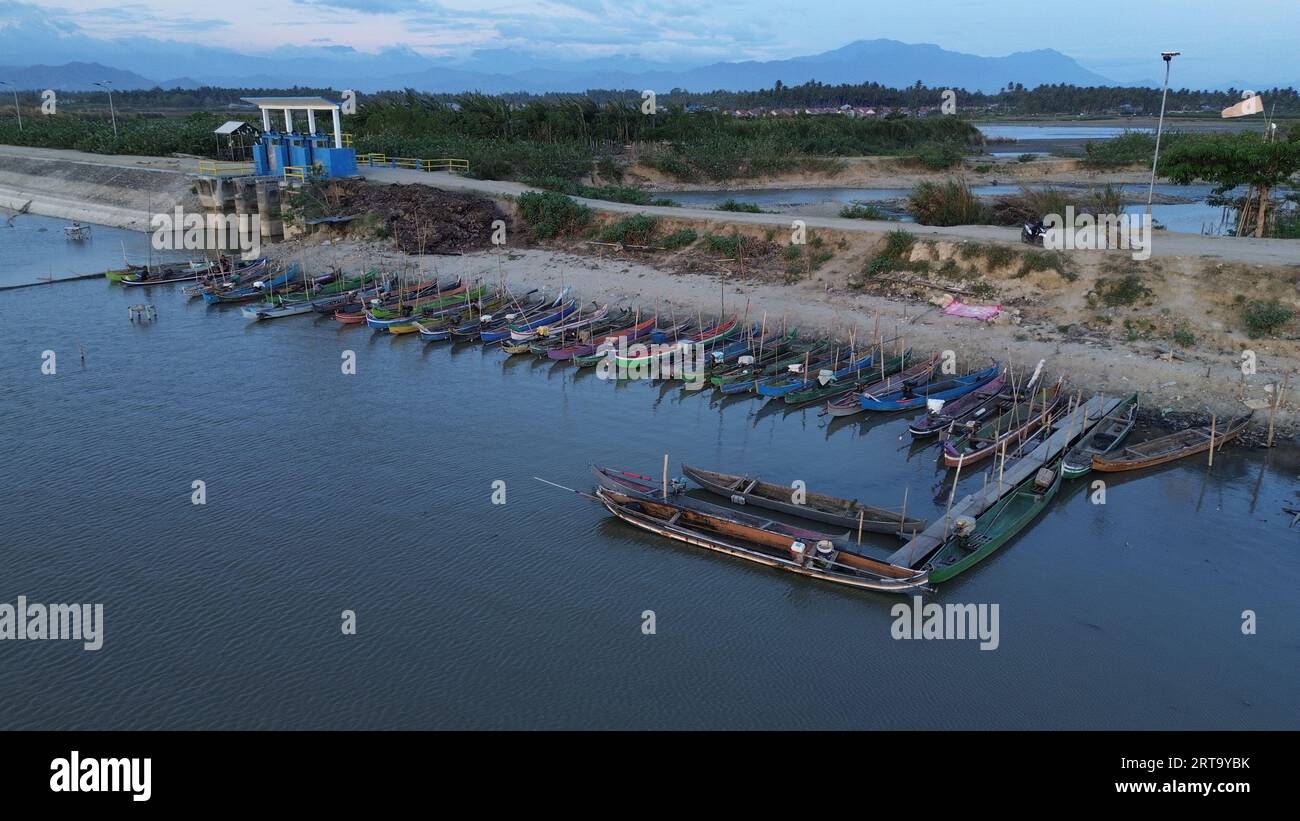 Aerial view of boat docks along Limboto lake, Gorontalo province ...