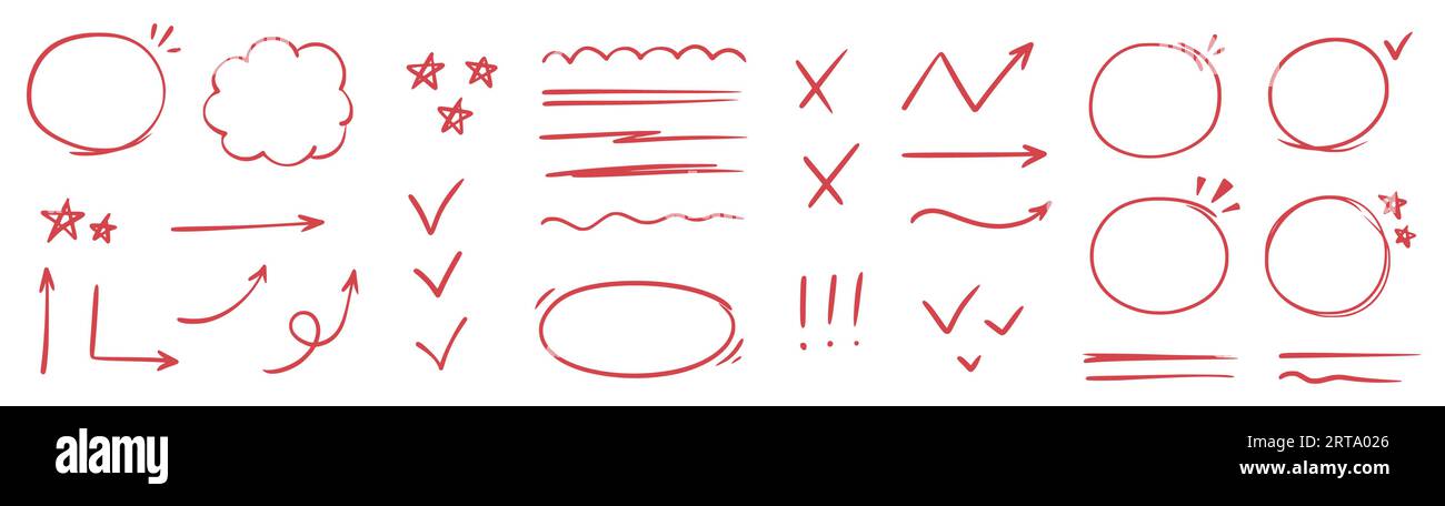 Red line check mark, underline, circle. Hand drawn doodle sketch red ...