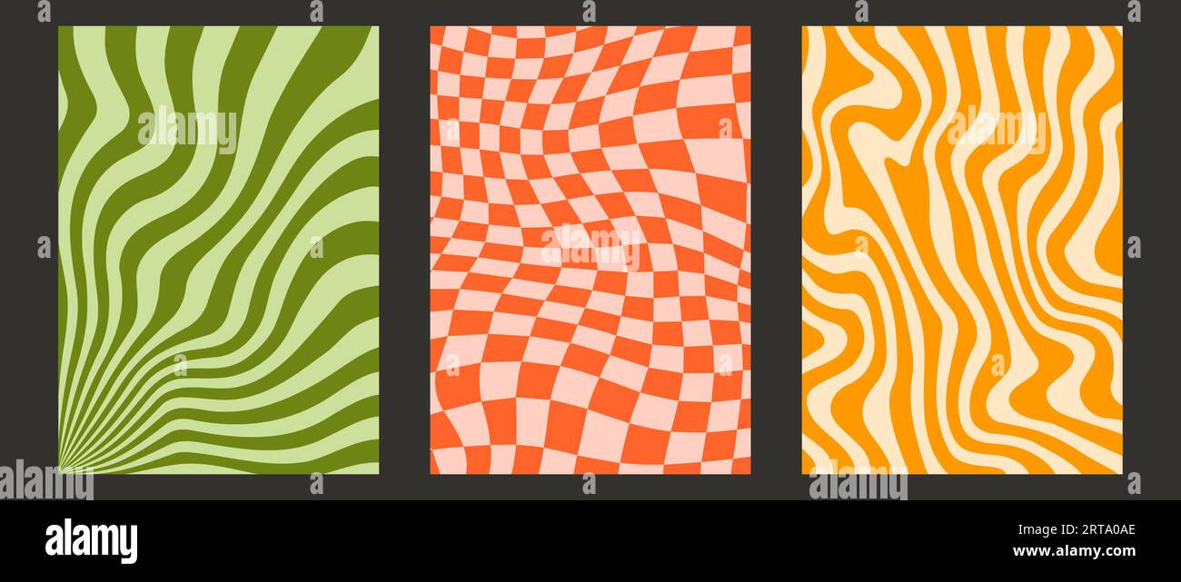 Groovy wave lines, checkerboard and sunburst background set. Colorful retro waves and checkered ...