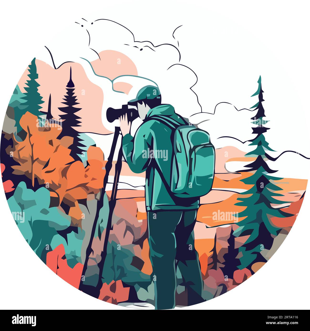 Nature explorer photographing autumn landscape with equipment Stock ...