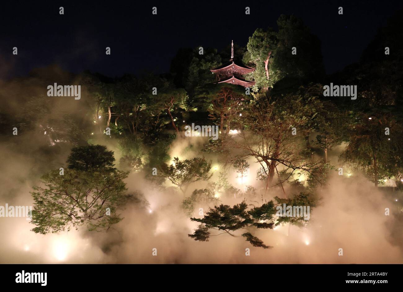 Tokyo, Japan. 11th Sep, 2023. An artificial full moon is projected on a ...