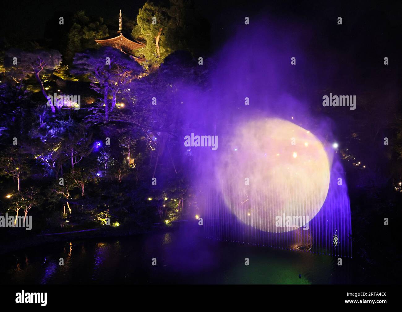 Tokyo, Japan. 11th Sep, 2023. An artificial full moon is projected on a ...