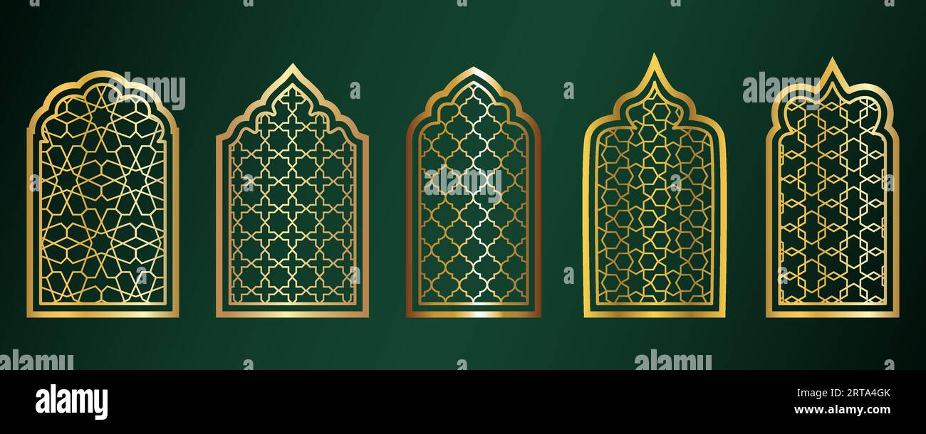 Golden amadan windows. Islamic door frames with ornament. Arabic mosque ...
