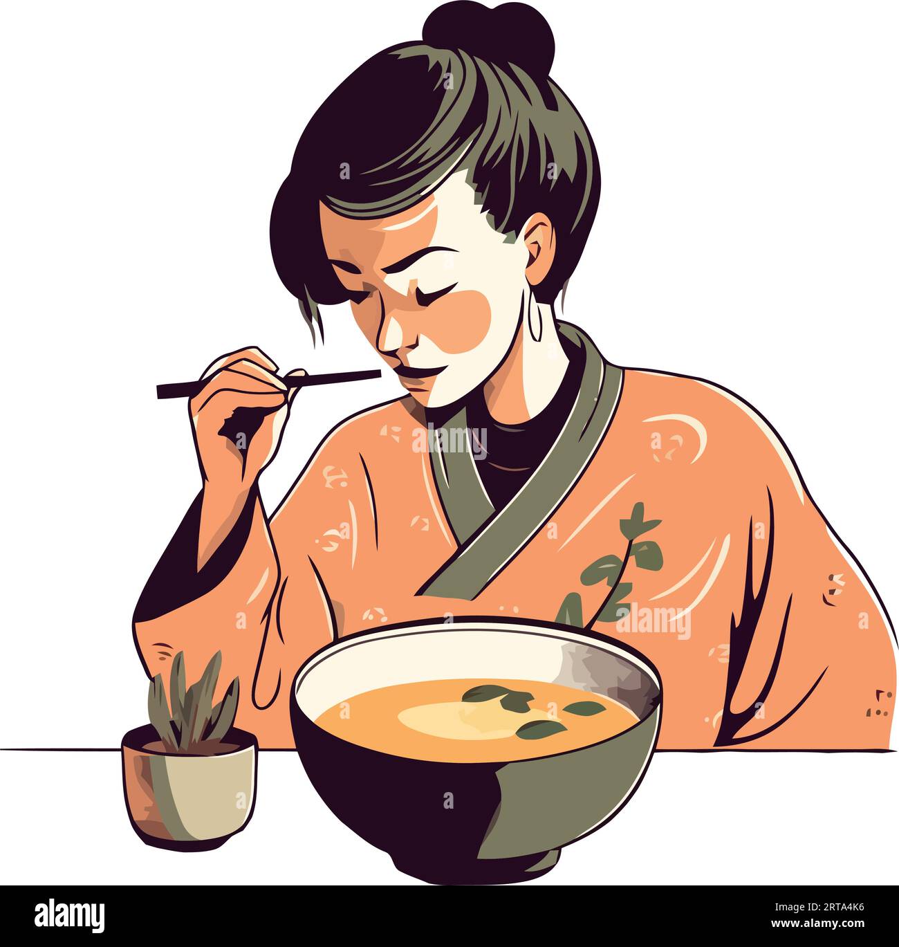 Illustration of a gourmet meal, asian woman eating soup Stock Vector ...