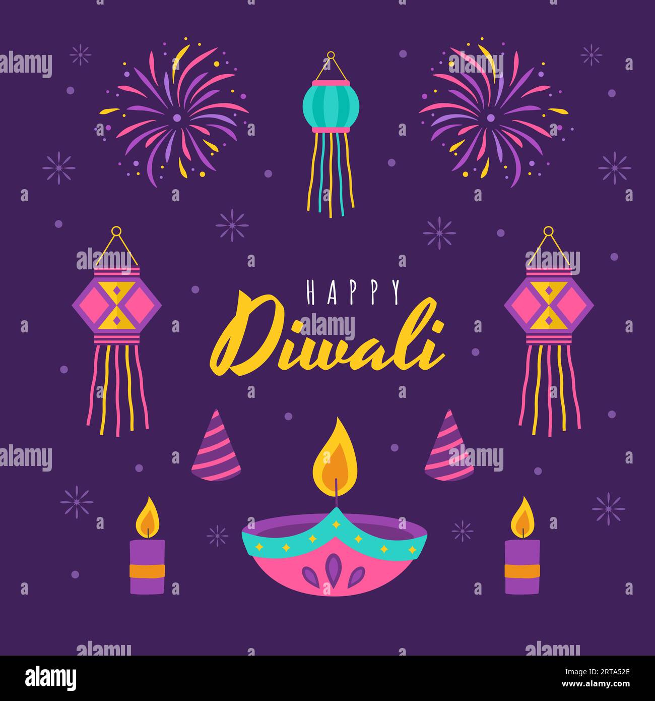 Diwali elements. Indian festival of lights icon set. Colorful deepavali signs on purple ...