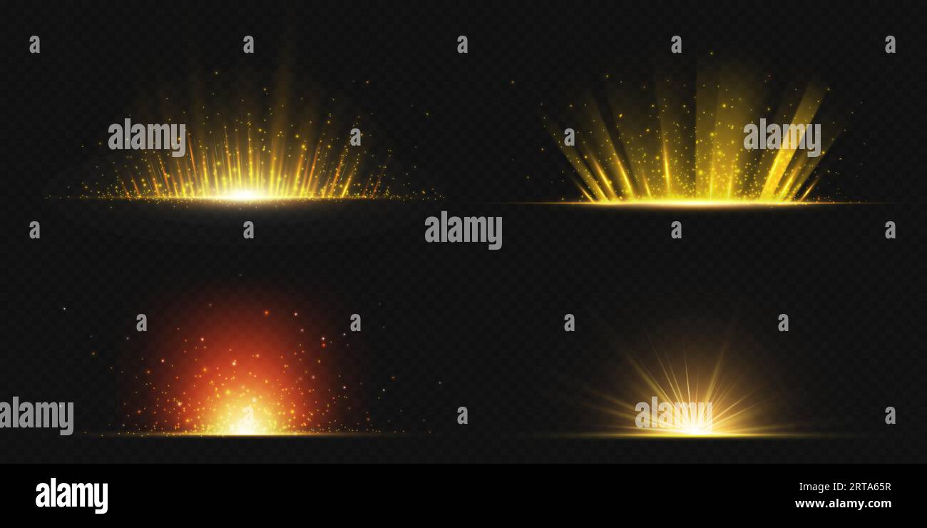 Gold explode sun light ray glow vector effect. Star burst flare with sparkle and glitter set ...