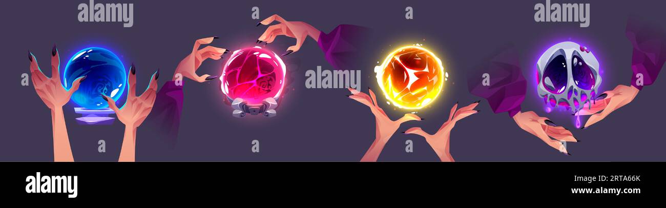 Magic fortune ball in witch hands - cartoon vector illustration set ...