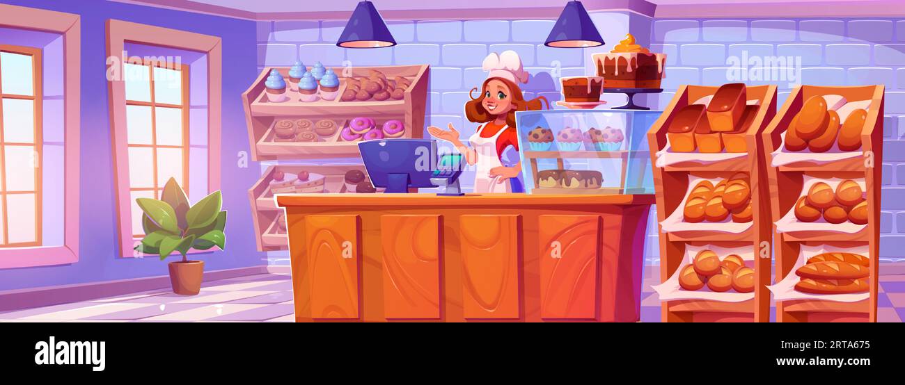 Woman near bakery shop counter vector cartoon background. Baker in ...