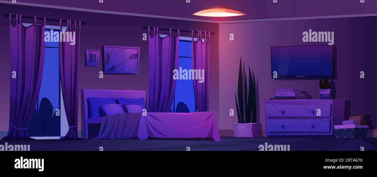 Bedroom interior at night - cartoon vector illustration of dark room ...