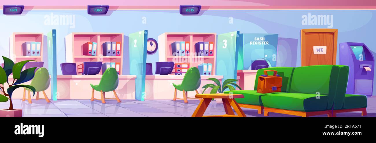 Bank office inside interior with atm and counter. Insurance department ...