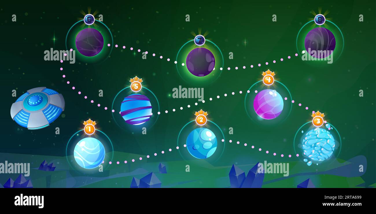 Space Game Ui Level Map With Planet Vector Galaxy Background Alien Ufo