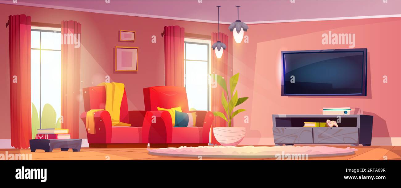 Morning living room with TV in modern house. Vector cartoon ...