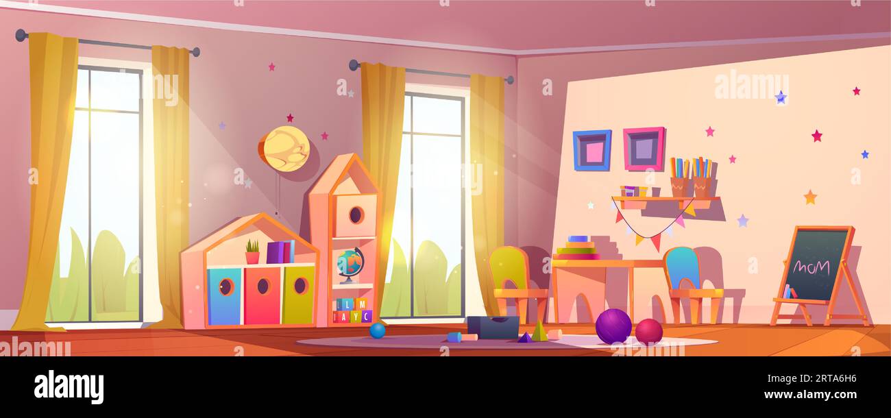 Kindergarten classroom or nursery playroom cartoon background. Toy for ...