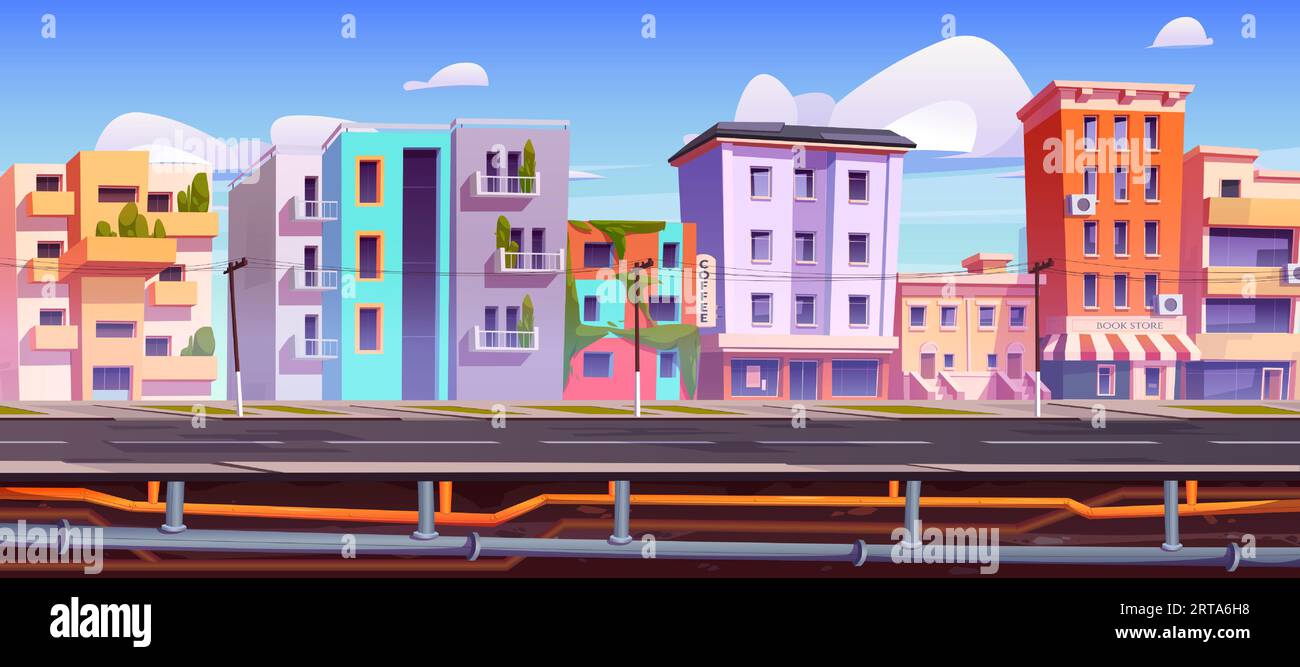 Water pipe underground system and city house vector. Drain sewer ...