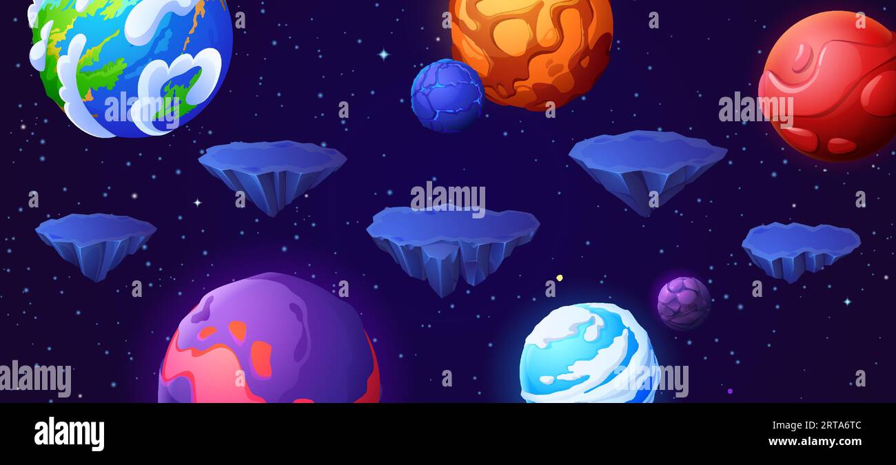 Floating platform space game level ui background. 2d planet in galaxy ...