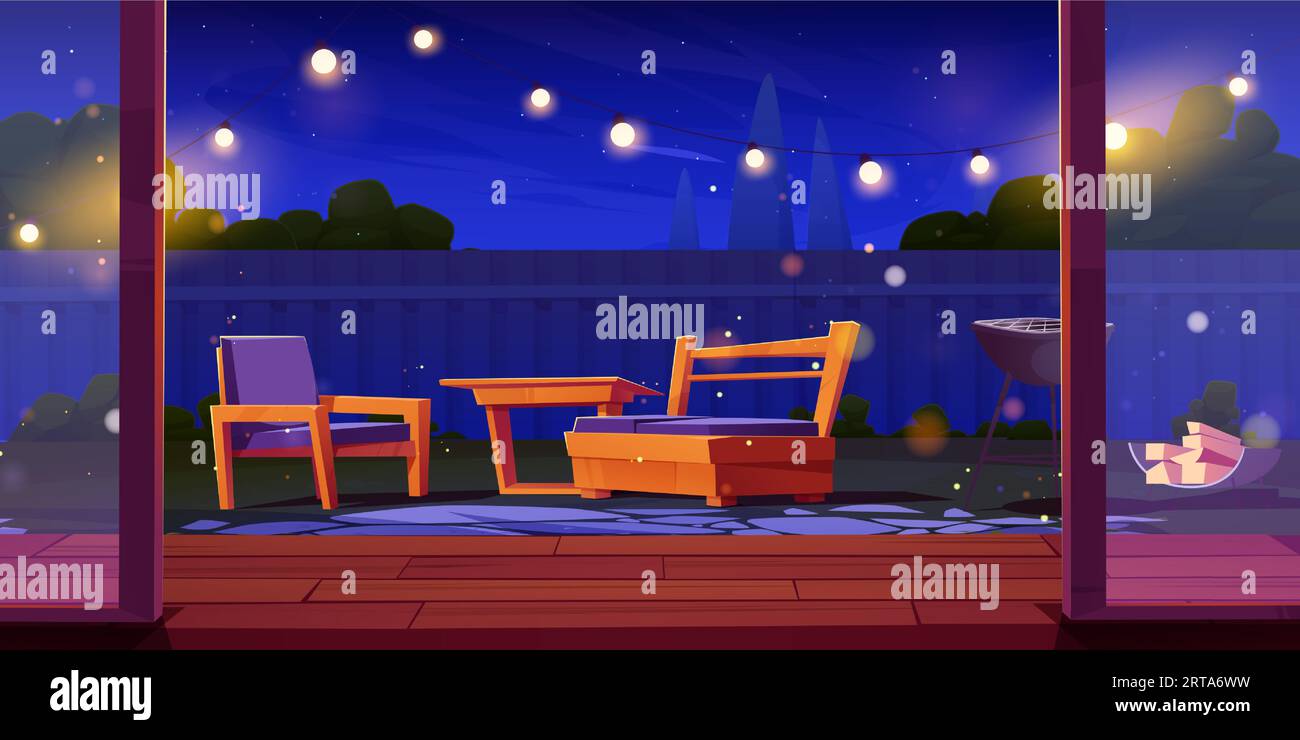 Night backyard with garden furniture. Vector cartoon illustration of ...