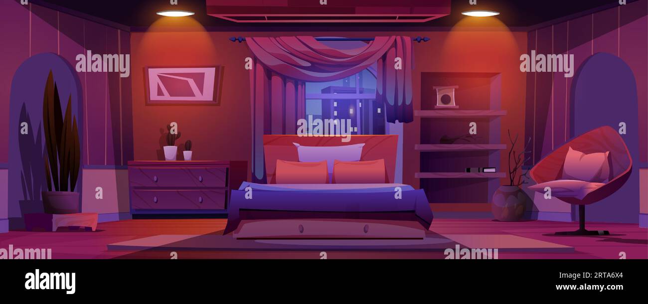 Night bedroom with window and cityscape cartoon background. Cozy sleep ...