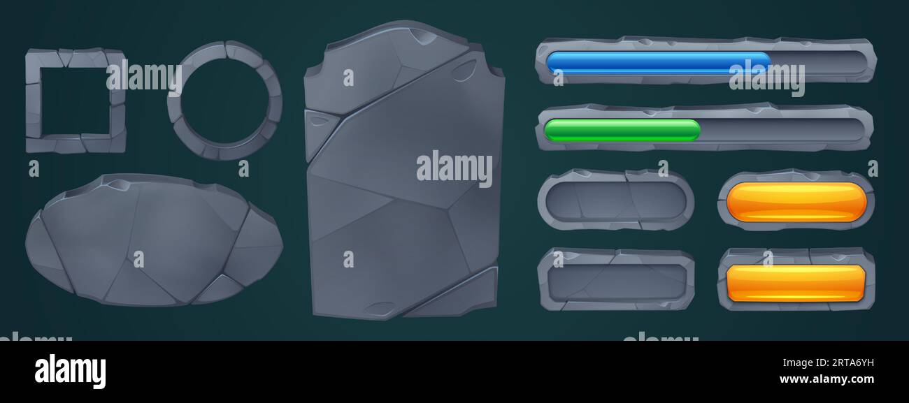 Stone frame and rock board game ui cartoon vector. Medieval plaque and ...