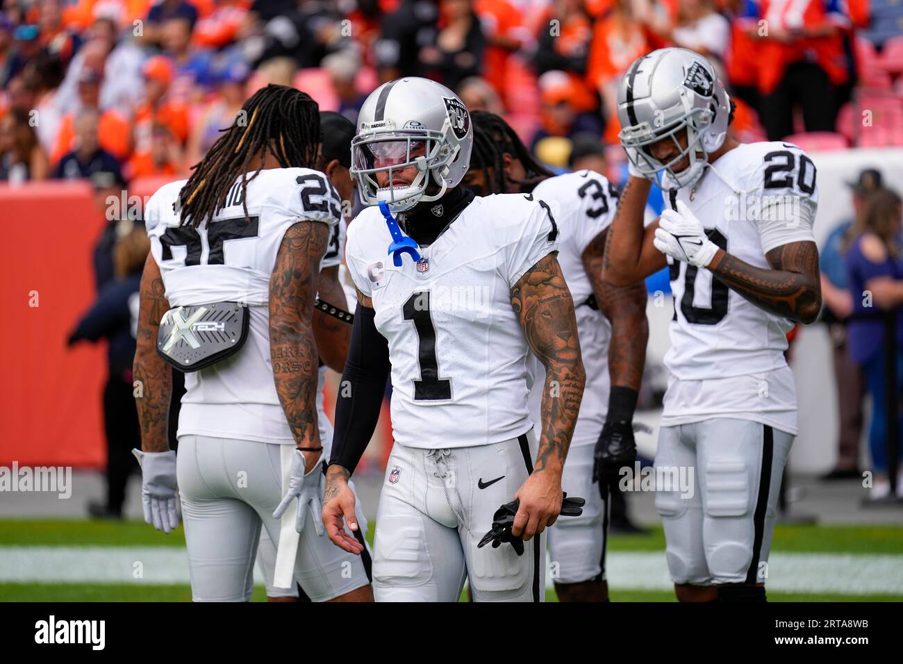 Las Vegas Raiders safety Marcus Epps (1) looks on after warm-ups ...