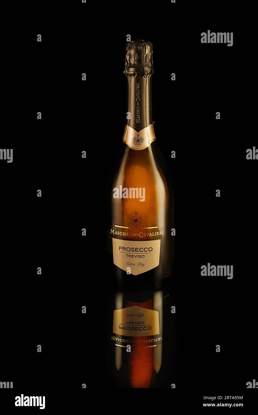 Sparkling wine Prosecco Treviso Extra Dry on black background with ...