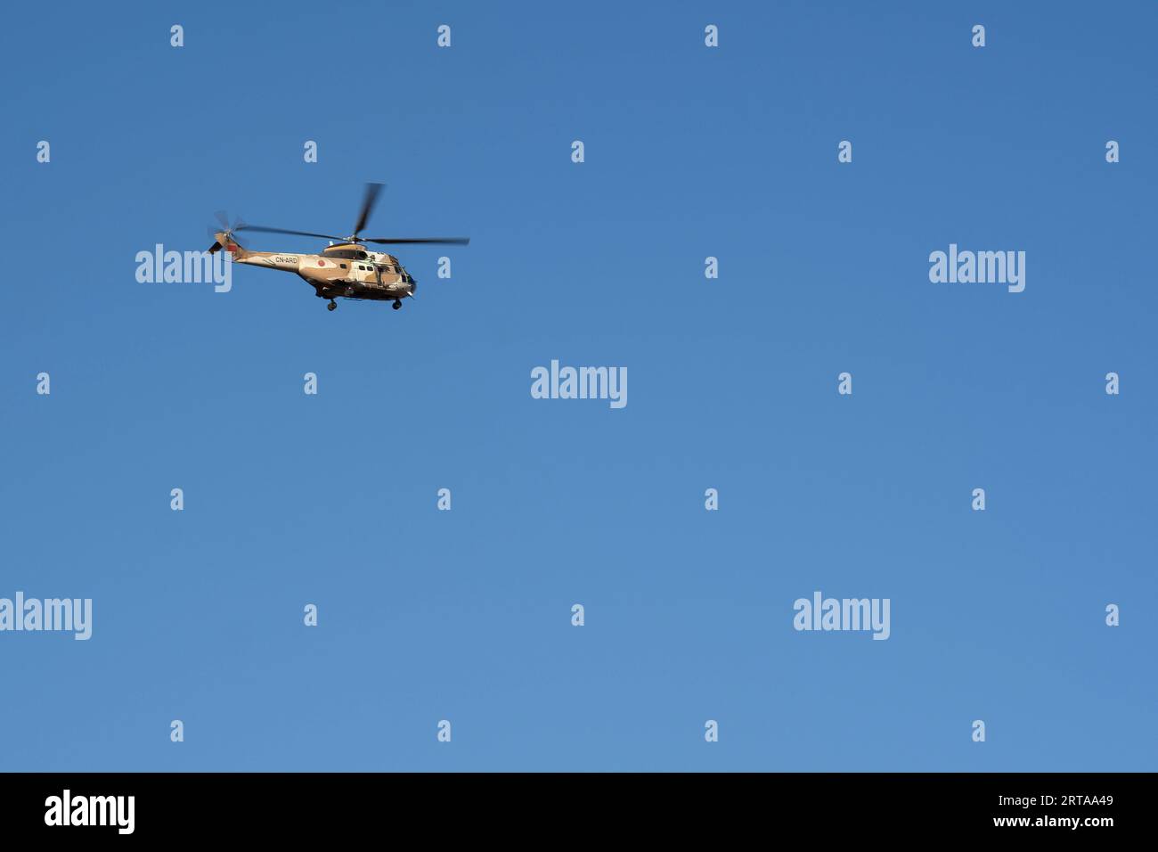 Idni, Morocco. 11th Sep, 2023. A Moroccan army helicopter flies over ...