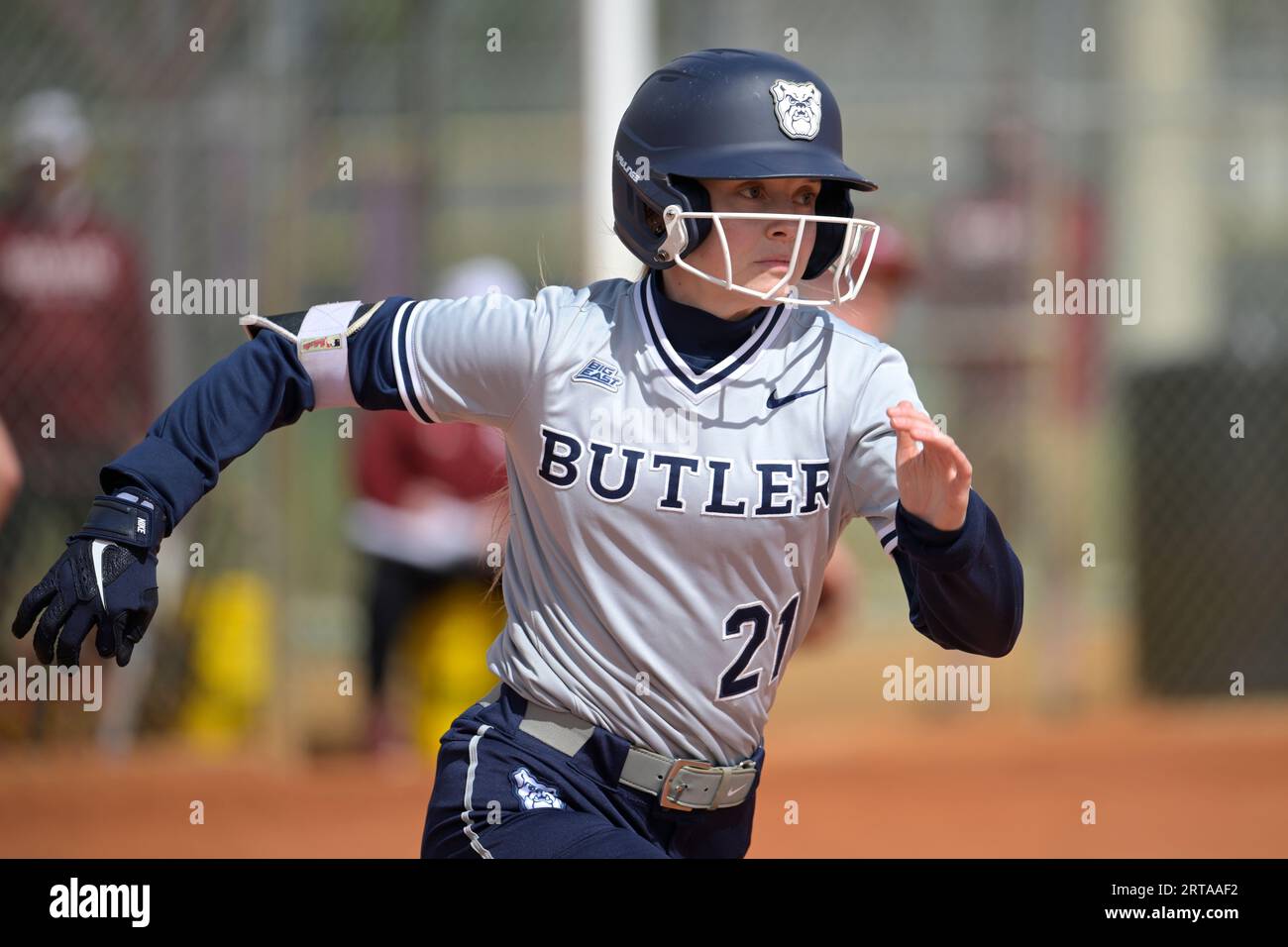 Butler's Kaylee Gross (21) runs after hitting a pitch during an NCAA ...