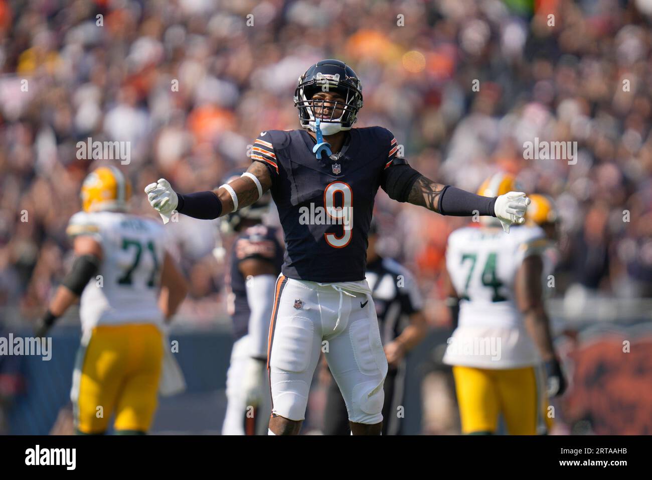 Chicago Bears safety Jaquan Brisker reacts during an NFL football game ...