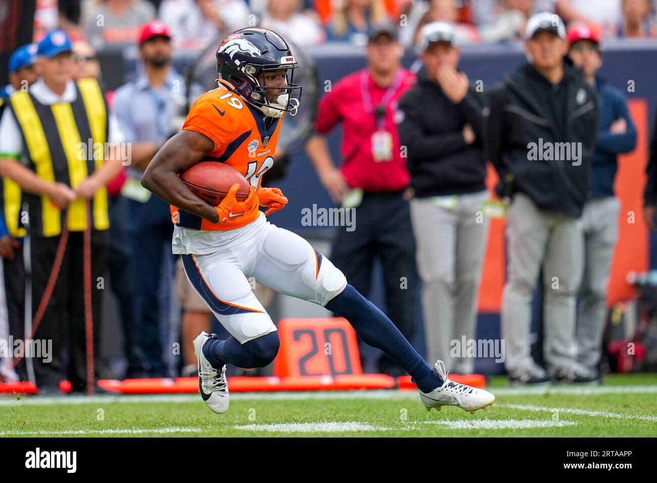 Denver Broncos receiver Marvin Mims Jr. (19) returns a punt against the Las Vegas Raiders during ...