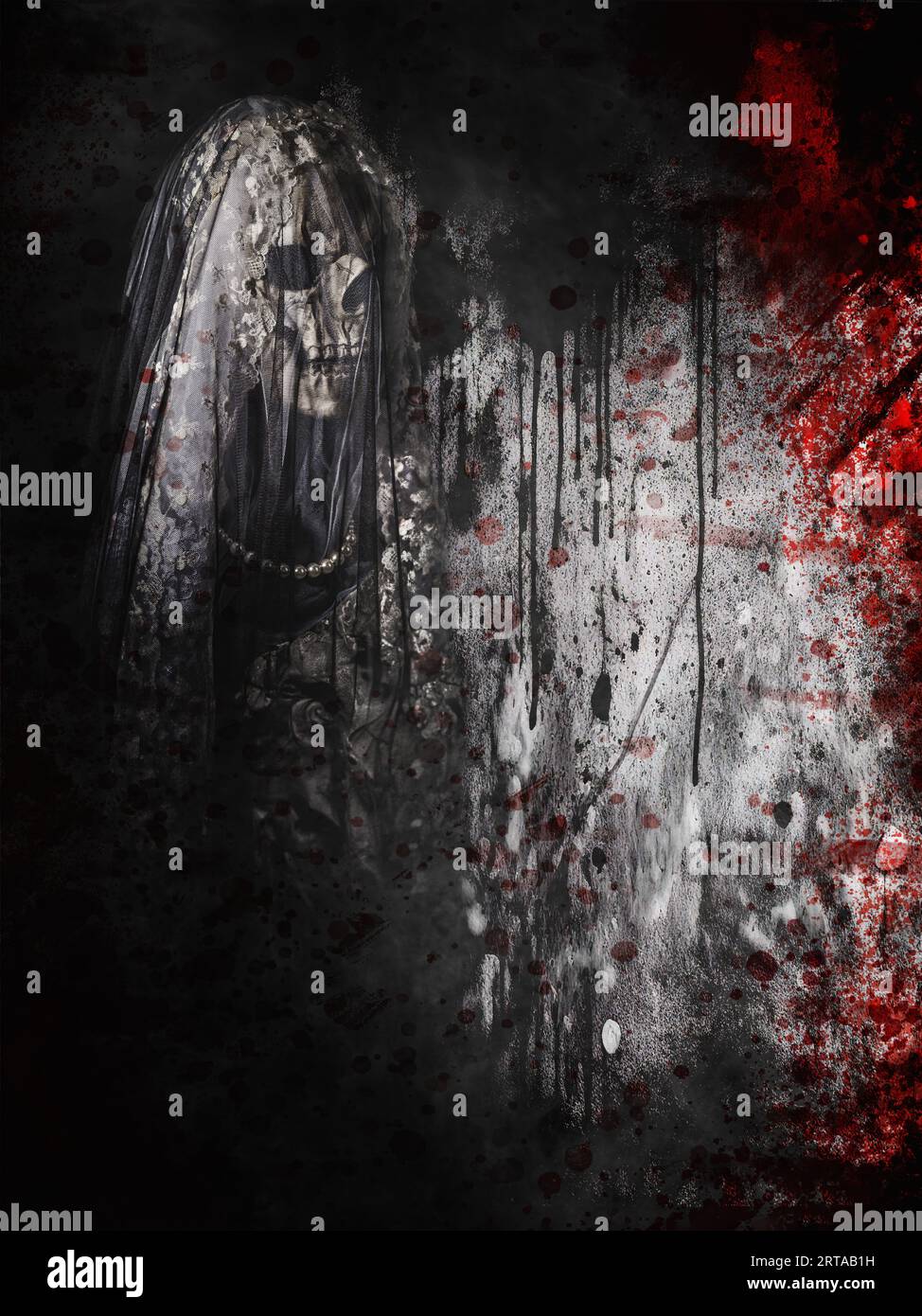 Halloween poster of spooky skull face ghost of bride in veil appear on ...