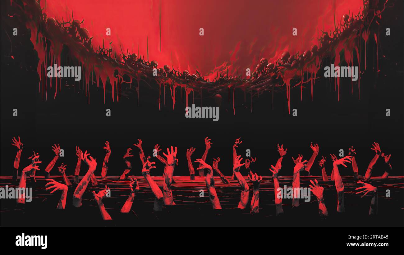 Abstract horror Halloween concept of many hands of the devils in hell ...