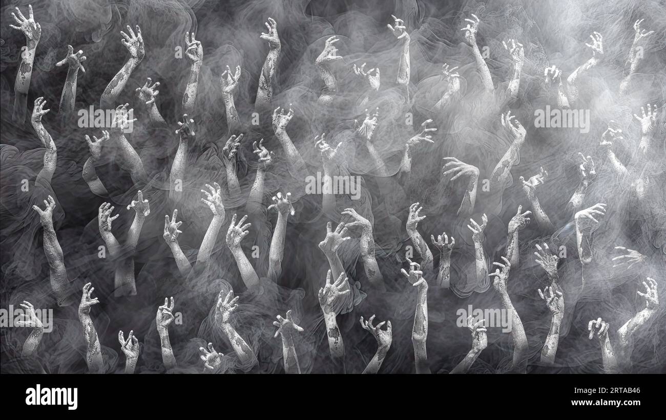 Abstract Halloween concept of many zombie hands raising up from the ...
