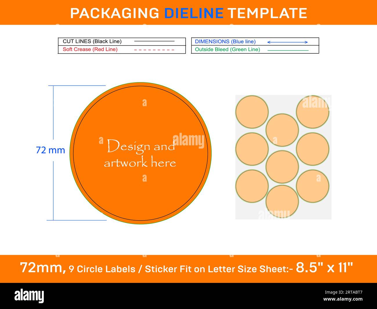 9pcs 72 mm CIRCLE labels sticker die line template Stock Vector Image ...