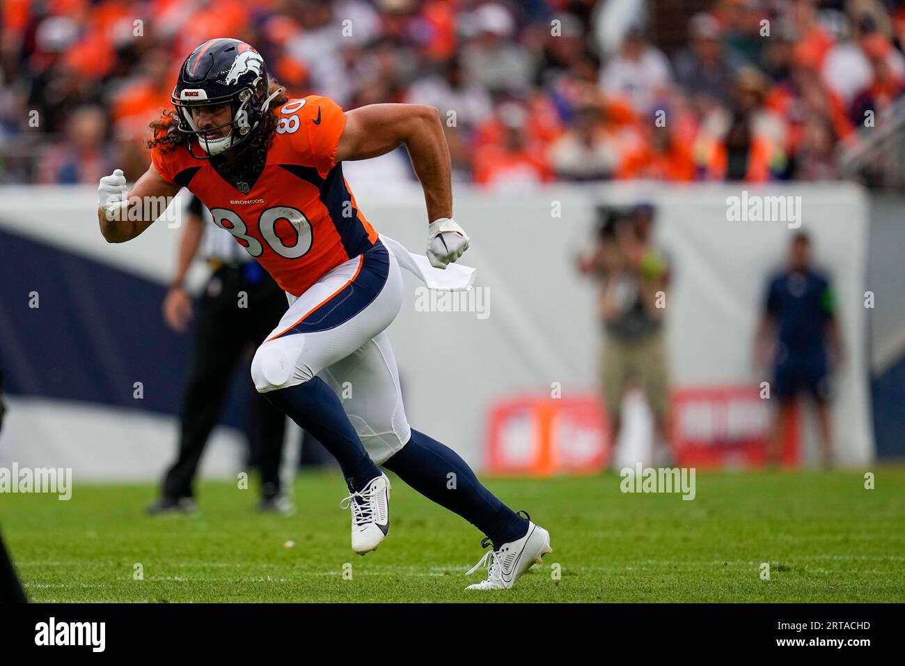 Denver Broncos tight end Greg Dulcich (80) runs against the Las Vegas ...